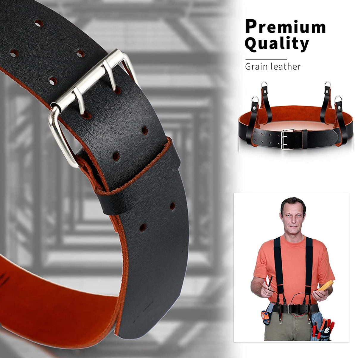 Heavy Duty Work Belt Leather Tool Belt Fits 32 to 46Inc. Waist with 4 ...
